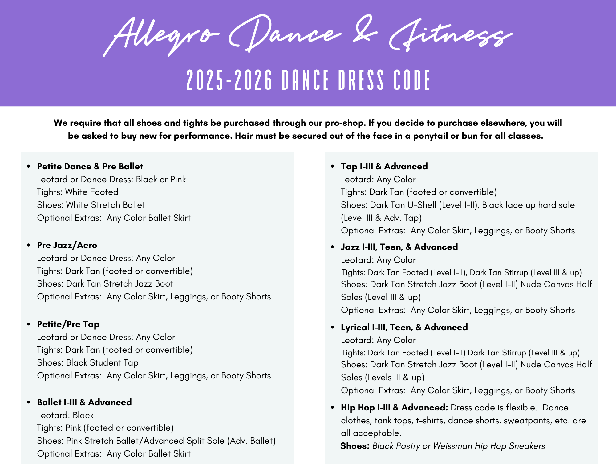 Dress Code & Studio Calendar - Allegro Dance and Fitness